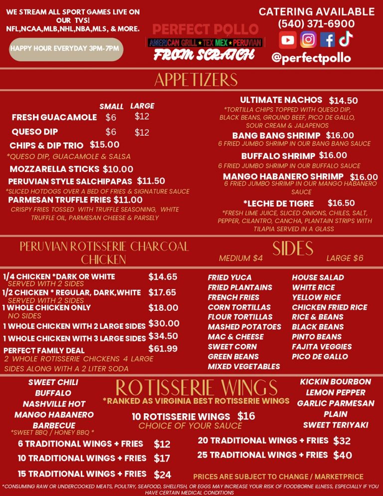Fredericksburg, VA – Menu – Perfect Pollo